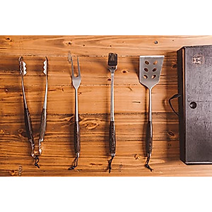 Schmidt Brothers - BBQ Carbon 6, 4-Piece Grilling Accessory Set, Full-Forged Stainless Steel Grilling Utensils Including Spatula, Fork, Basting Brush, and Tongs with All Wood Handles