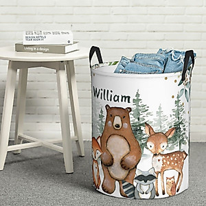 Woodland Animals Personalized Laundry Basket Name Clothes Hamper with Handles Waterproof Laundry Storage Baskets for Bedroom Bathroom Decor.