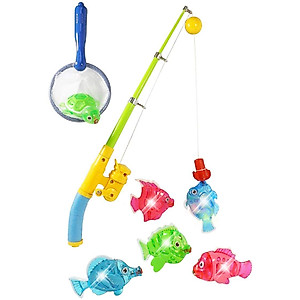 Liberty Imports Magnetic Light Up Kids Fishing Pole Bath Toy Set - Rod and Reel with Sea Turtle and 5 Unique Fish -Outdoor Water Toys and Fishing Game for Kids Age