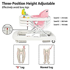 Kinder King 3 in 1 Folding Baby Walker, Activity Walker for Boys Girls, Learning-Seated, Toddler Walk-Behind w/Music Toys, Adjustable Height & Speed, Safety Bumper, Infant Walker Anti-Rollover, Pink