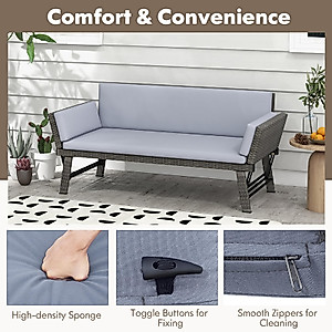 Tangkula Outdoor Convertible Sofa Daybed with Adjustable Armrests, PE Rattan Patio Couch Furniture with Thick Cushions, for Porch, Balcony, Backyard, Poolside (Gray)