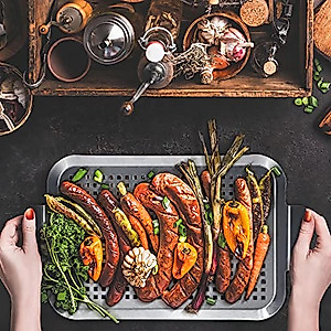 COOK TIME Grill Pan Set of 2, BBQ Grill Topper for Outdoor Grill, Stainless Steel Grilling Baskets with Holes and Handles, Perforated Food Tray Barbecue Accessories for Vegetable, Fish, Meat, Seafood