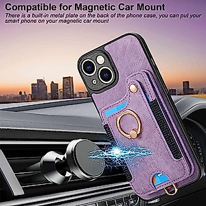 JanCalm for iPhone 14 Case,Phone Case for iPhone 13,Card Holder Wallet,Ring Holder Stand,RFID-Blocking,Wrist Strap,Camera Protector,Leather Protective Magnetic Flip Cover for iPhone 13/14 (Purple)