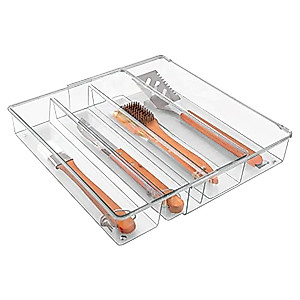 mDesign Plastic Adjustable/Expandable Divided Drawer Storage Organizer with 4 Compartments for Kitchen Pantry, Cupboard, Cabinet, Hold Silverware, Utensils, Cutlery - Ligne Collection - Clear