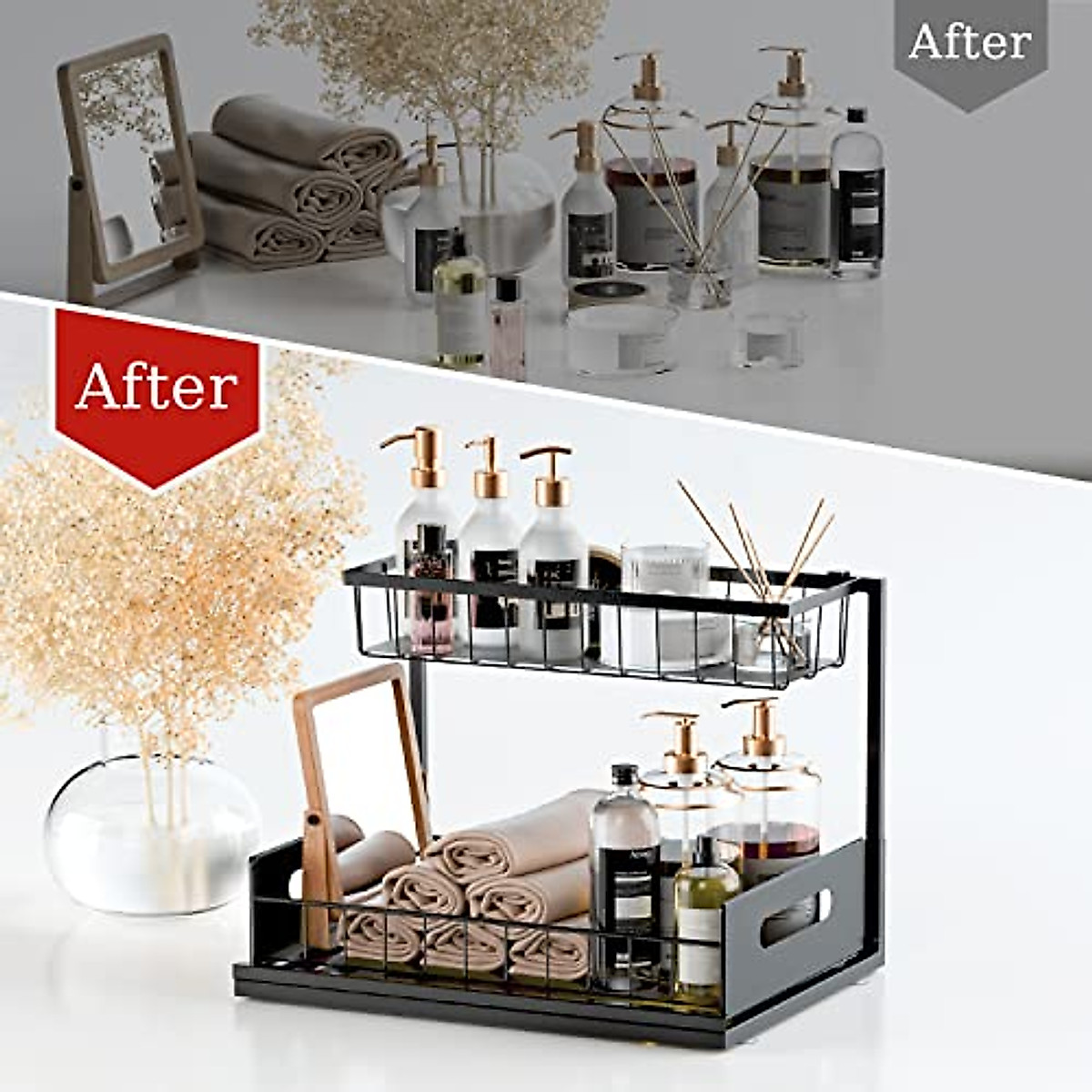 Under Sink Organizer, 2-Tier Pull Out Cabinet Organizer Slide Out Sliding Shelf Under Cabinet Storage Multi-Use for Under Kitchen Bathroom Sink Organizers and Storage