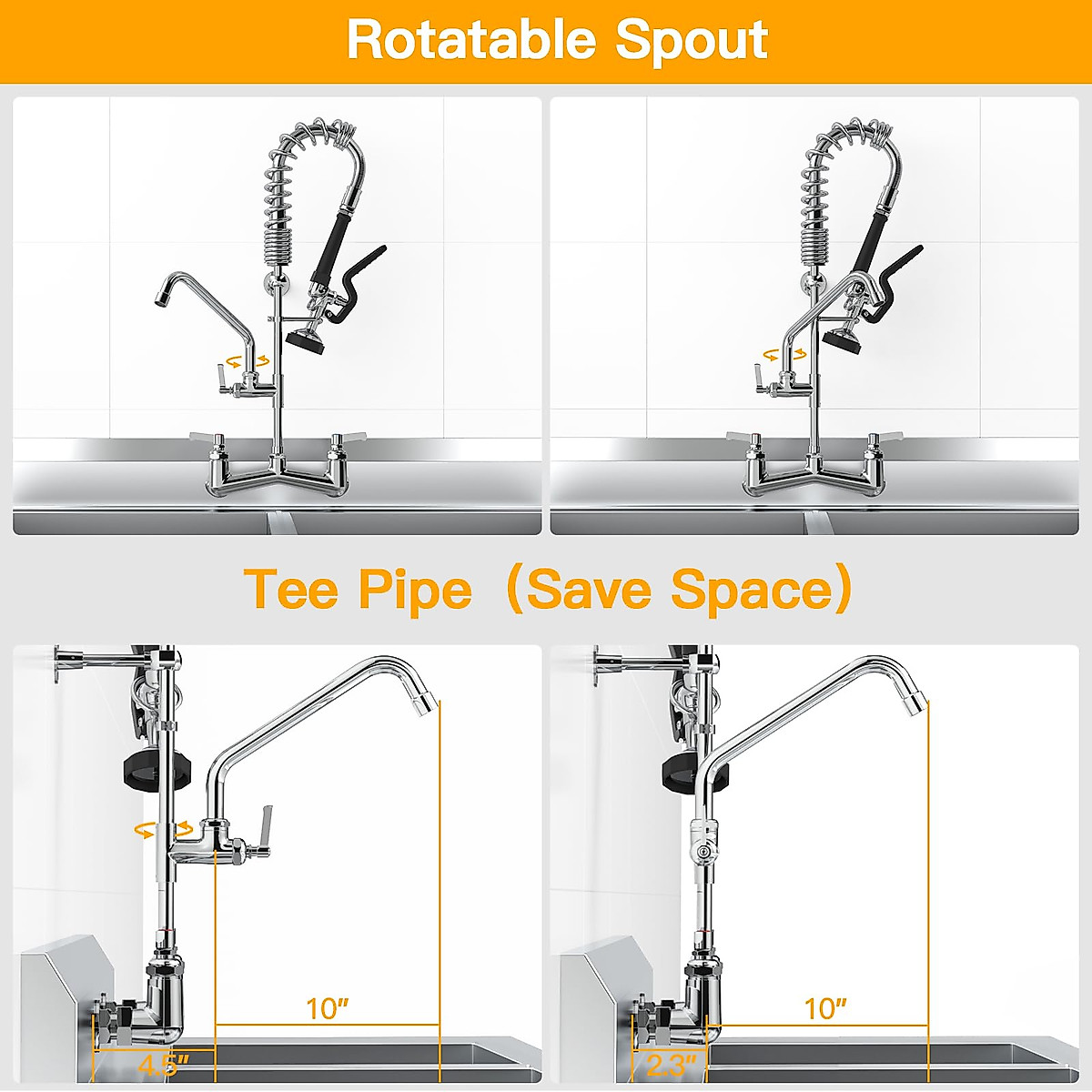 FAUAID Commercial Sink Faucet with Sprayer 25" Height 8" Adjustable Center 10" Swing Spout,Brass Constructed Wall Mount Commercial Faucet with Pull Down Pre-Rinse Sprayer for 1/2 Compartment Sink（25"）