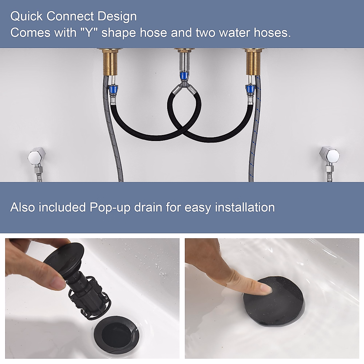 FROPO Black Bathroom Faucet 3 Holes - Two Handles Widespread 8 inch Bathroom Sink Faucet 3 Pieces Basin Faucets 360 Degree Swivel Spout Vanity Sink Faucet with Drain & Supply Hoses