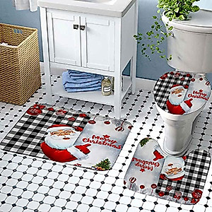 Dia Magico 4PCS Merry Christmas Shower Curtain Set, Santa Claus Xmas Balls Black White Buffalo Plaid Snowflake Holiday Country Rustic Farmhouse Bathroom Decor, Fabric Shower Curtain, Non-slip Bath Mat