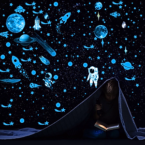 408 Pieces Glow in The Dark Space Wall Stickers Glowing Stars Wall Decals Luminous Spaceship Planet Astronaut Stickers Wall Decals for Kids Bedroom Decor