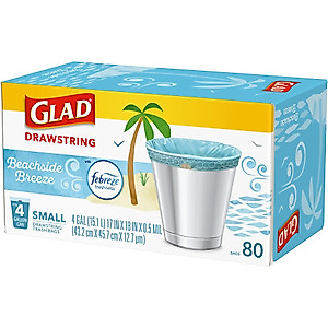 GLAD Small Drawstring Trash Bags, 4 Gallon Green Trash Bags for Small Kitchen or Office Trash Can, Beachside Breeze with Febreze Freshness to Eliminate Odors, 80 Count - Packaging May Vary