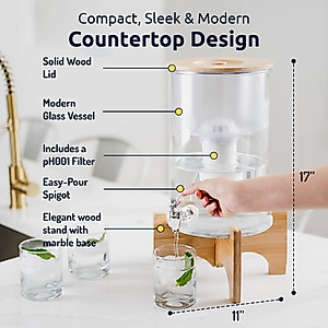 pH Recharge Glass Alkaline Water Filter Dispenser - Countertop Water Filter System - Alkaline Water Purifier Pitcher - High pH Pure Drinking Water Filtration - 8.5L/2.25 Gal (Bamboo/Marble)