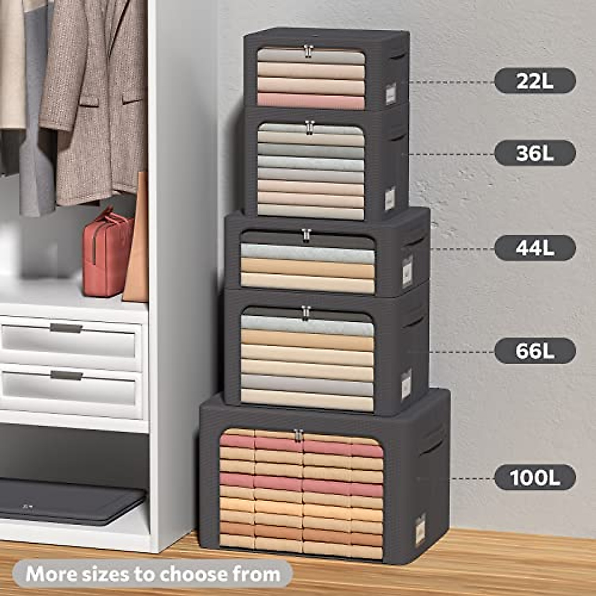 3Pack Stackable Clothes Storage Bins - Oxford Frame Storage Box Foldable Clothing Storage Container Organizer Set with Clear Window & Carry Handles Large Capacity (Dark Gray, Small-22L)