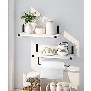 Godimerhea White Floating Shelves with Towel Holder, Modern Wall Mounted Shelf Set of 2, Neutral Wooden Storage for Wall Decorative Hanging Shelf for Bathroom, Kitchen, Living Room