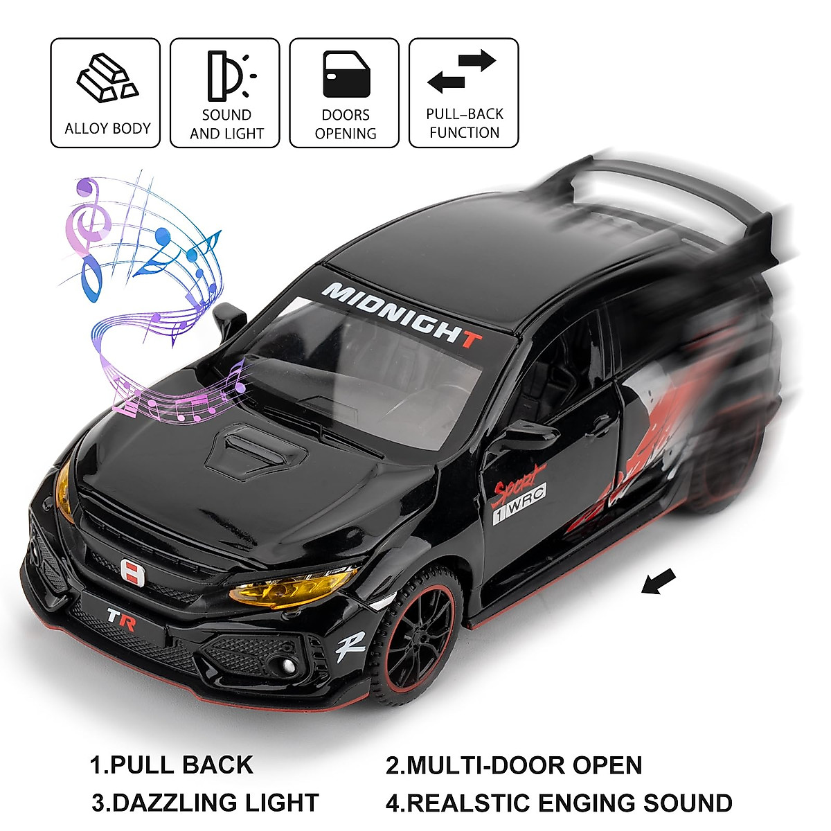 WAKAKAC 1/32 Toy Car for Honda Civic Type-R Diecast Toy Vehicle Metal Pull Back Model Car with Light and Sound for Kids Adults Gift(Black)