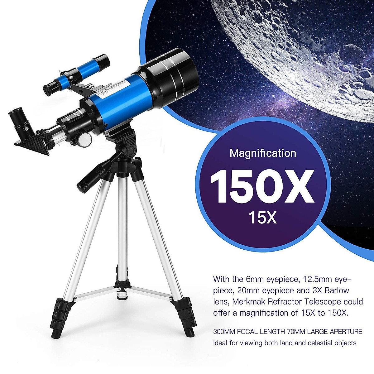 Telescope for Adults &Beginners,70mm Aperture 300mm AZ Mount with Adjustable Tripod and Fully Multi-Coated Optics, Portable Astronomy Refractor Telescope, Wireless Remote