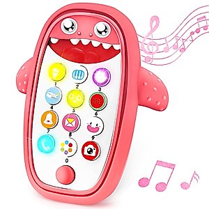 Baby Shark Cell Phone Toy Removable Teether Case, Light, Music & Adjustable Volume Kids Play & Learn Fake Phone Infant Toddler, Preschool Holiday Birthday Presnet for Girl Boy 0-6, 6-18 Months (Red)
