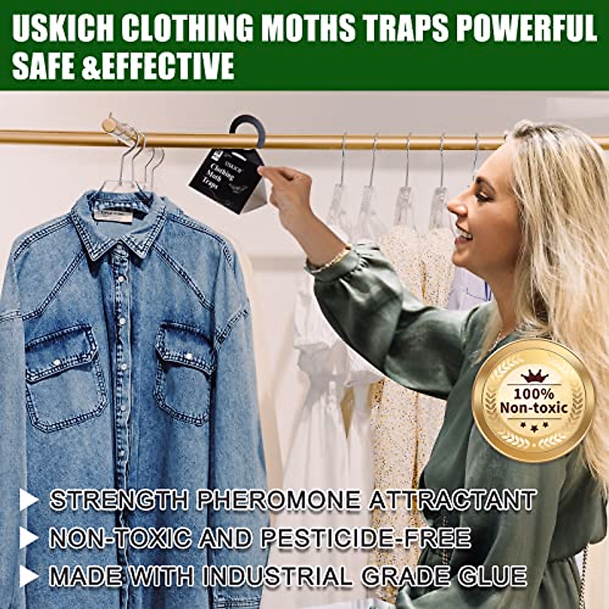 USKICH Clothes Moth Traps with Strength Pheromones |Sticky Glue Trap for Closets and Carpet Moths |Clothing Moth Traps for Feathers, Fur, Wool |Lure, Trap and Kill Case-Bearing Webbing Moths(16 Pack)