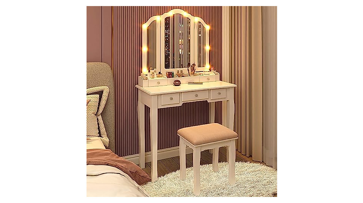 Longtesun White Makeup Vanity Set: Mirror, 3-Color Lights