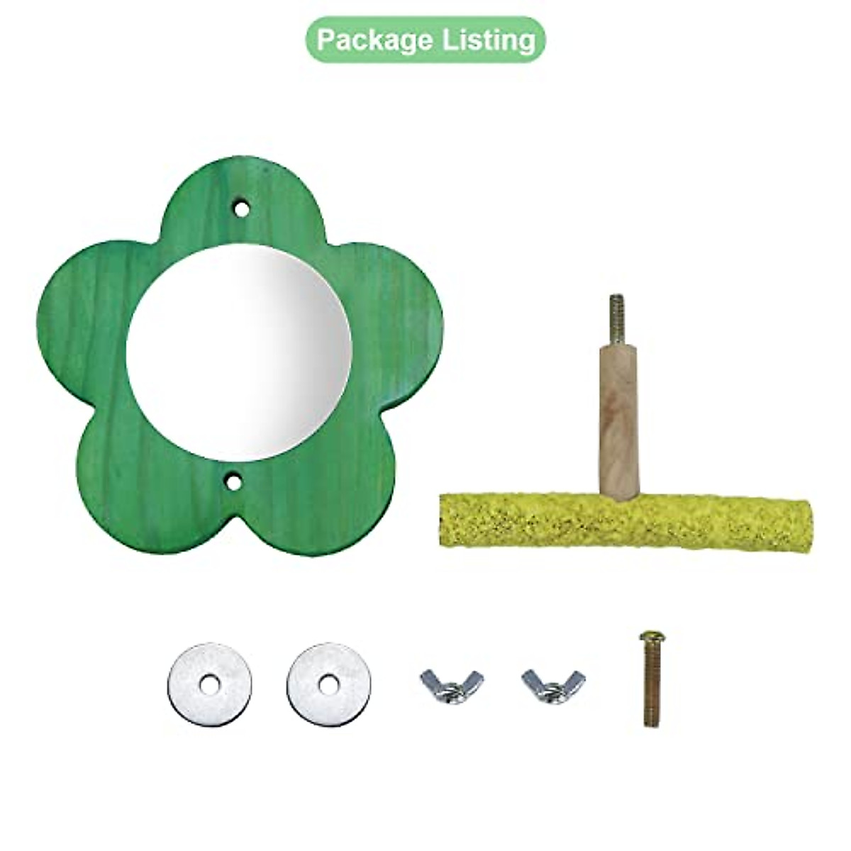 Bird Parrot Mirror with Perch Natural Wood Swing Colorful Sand Grind Paw Trim Beak for Small Parrot Parakeet Cockatiel Lovebird Conure Finch Budgie (Flower-Shaped)