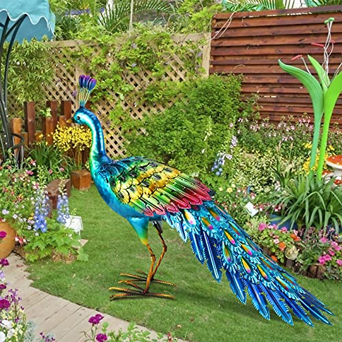chisheen Peacock Statue Garden Decor Metal Peacock Yard Art Lawn Decoration Outdoor Sculpture