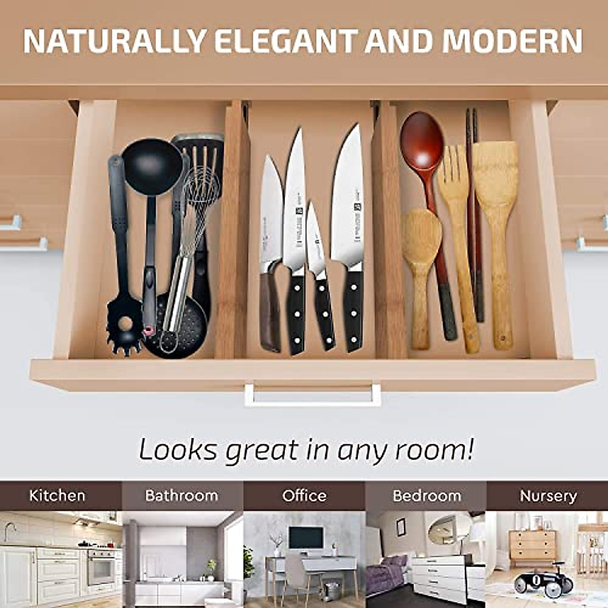 Large Kitchen Drawer Organizer - Expandable Bamboo Drawer Dividers (17" - 21.5") - Adjustable Separators for Kitchen, Clothes, Dresser, Bedroom, Bathroom, and Desk Drawers - 6-Pack