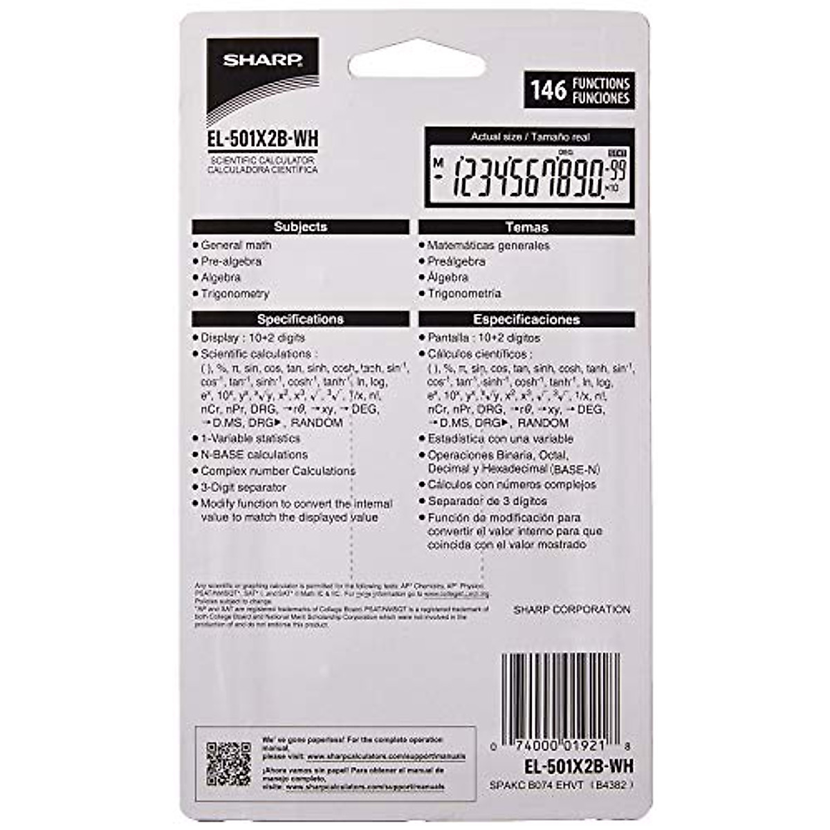 Sharp EL501X2BWH Engineering/Scientific Calculator