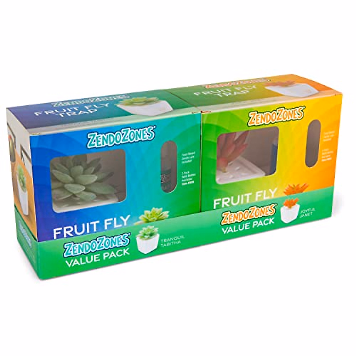 ZendoZones Fruit Fly Trap 2 Pack, Joyful Janet & Terrific Tabitha with White Base, Refillable and Reusable, Long-Lasting