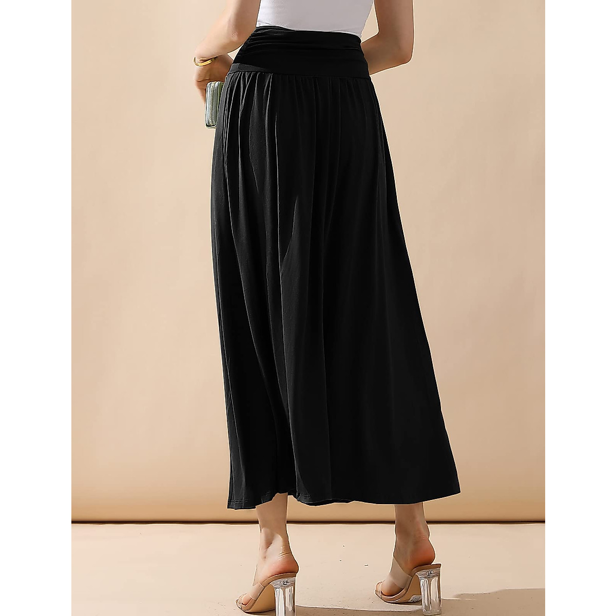 DOUBLJU Casual High Waisted Maxi Skirts with Pocket Elastic Wide Waist Band Flare Long Basic Skirts for Women Trendy Summer