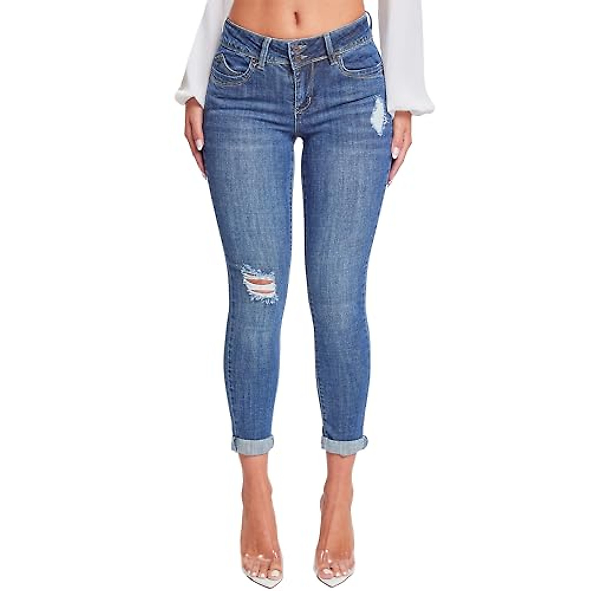 YMI Junior Women’s Wannabettabutt 2 Button Mid Rise Distressed Cuffed Denim Jeans (Medium wash Denim,3)