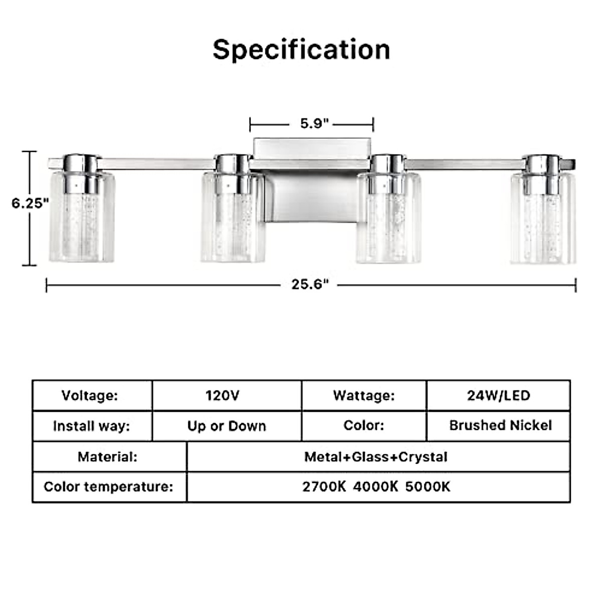 Eatich Bathroom Light Fixtures, Brushed Nickel Vanity Lights with Crystal Bubble Glass, Modern Bathroom Lights Over Mirror with Dimmable LED White/Neutral/Warm, 4-Light