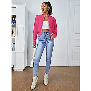 SweatyRocks Women's Casual Long Sleeve Solid Zip Up Coat Crop Bomber Jacket Solid Hot Pink M