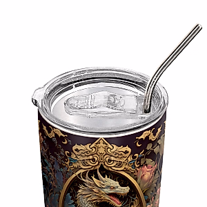 20oz Vintage Flower Dragon Tumbler, Gaming, Gamers Gifts for Dragon Lovers, Coffee Thermos for Women, Stainless Steel Double Wall Vacuum Insulated Coffee Mug, Travel Cup with Lid