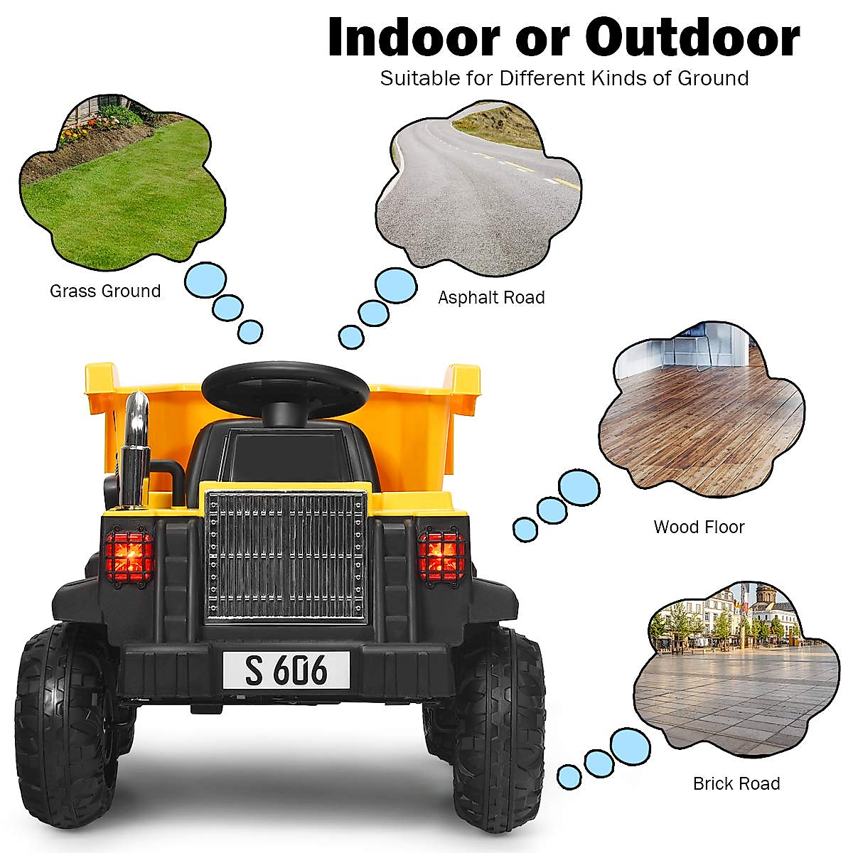 Costzon Ride on Car, 12V Ride on Dump Truck w/Remote Control, Electric Dump Bed, Music, Horn, USB, AUX, Treaded Tires, Shovel, 3 Speeds, Battery Powered Construction Vehicle, Electric Car for Kids