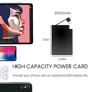 TNTOR Ultra Thin Power Bank with Built in Cable, Credit Card Size Portable Power Charger 2500mAh [Only 0.16 inch] Slim Compact External Battery Charger Compatible with iPhone