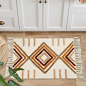 Uphome Small Bathroom Rug 2'x3' Hand-Woven Washable Front Entryway Rug with Tassels, Beige Soft Cotton Diamond Tufted Kitchen Mat Colorful Farmhouse Geometric Throw Rug for Bedroom Foyer Laundry