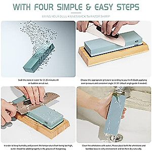 Whetstone Knife Sharpening Stone 4 Side Grit 400/1000 3000/8000 Waterstone, Whetstone Knife Sharpener, Sharpening Stone Whetstone Set with Bamboo Base, Flatting Stone, Angle Guide & Leather Strop