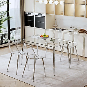 Ufurpie 5 Piece Dining Room Table Set, 51" Glass Kitchen Table & 4 Clear Chairs,Clear Dining Table Sets w/Chrome Legs, Pre Assembled Modern Glass Dining Table Set for 4(Silver)