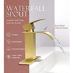 YardMonet Gold Bathroom Faucets, Modern Single Hole Bathroom Faucet Waterfall Spout Bathroom Faucet Brushed Gold Bathroom Sink Faucet with Drain Assembly and Lead-Free Hose