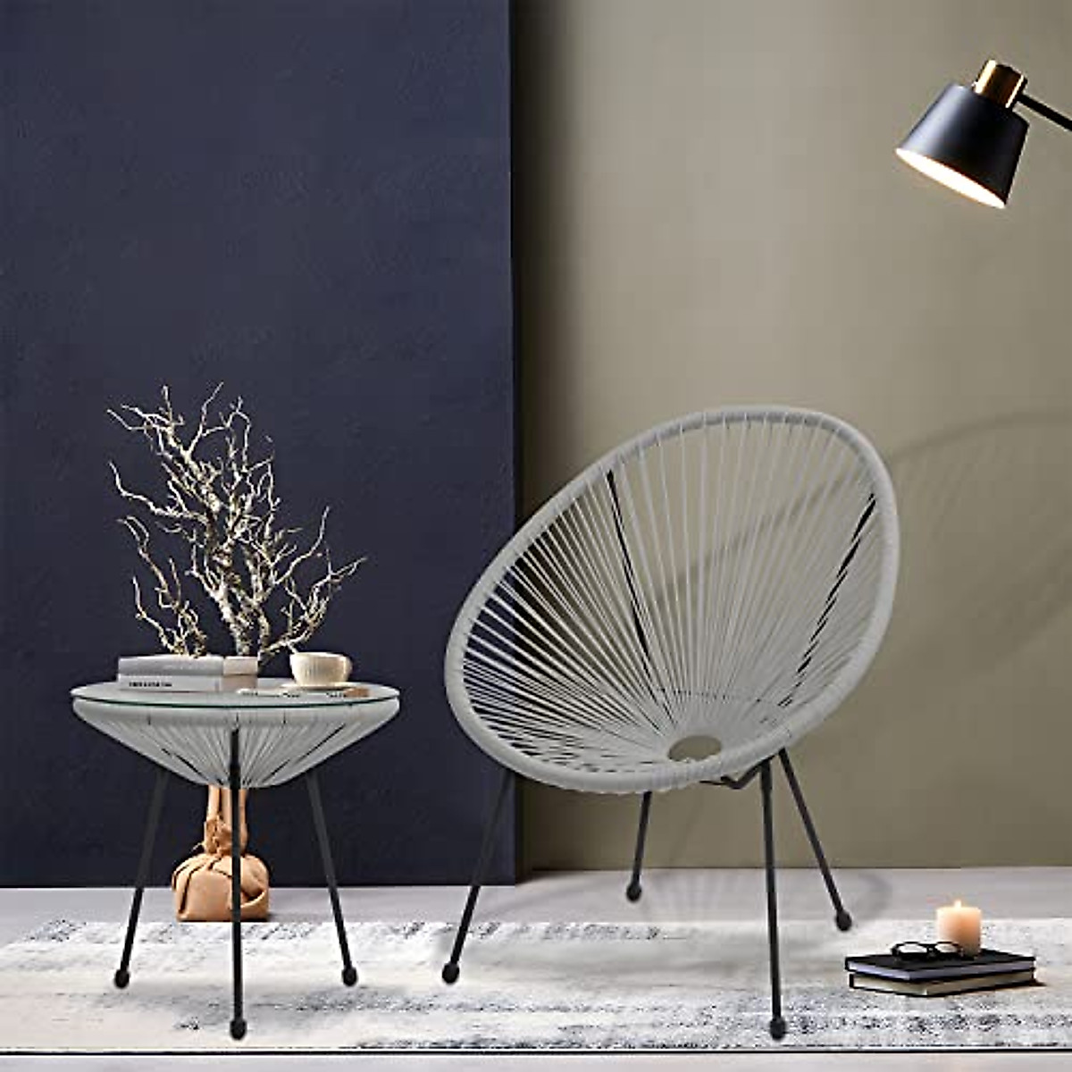 MoNiBloom 3 Piece Outdoor Seating Acapulco Chair, Modern Patio Furniture Outdoor Conversation Set, Glass Top Table and 2 Metal Steel Chairs for Garden Poolside Balcony, Weight Capacity 250 lbs, Grey