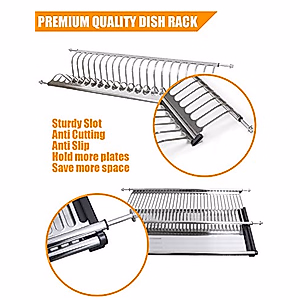 Kitchen Hardware Collection 2 Tier Cabinet Dish Drying Rack Stainless Steel 22.24 Inch Length 20 Dish Slots Kitchen Plate Bowl Utensils Cups Draining Rack Organizer with Drainboard