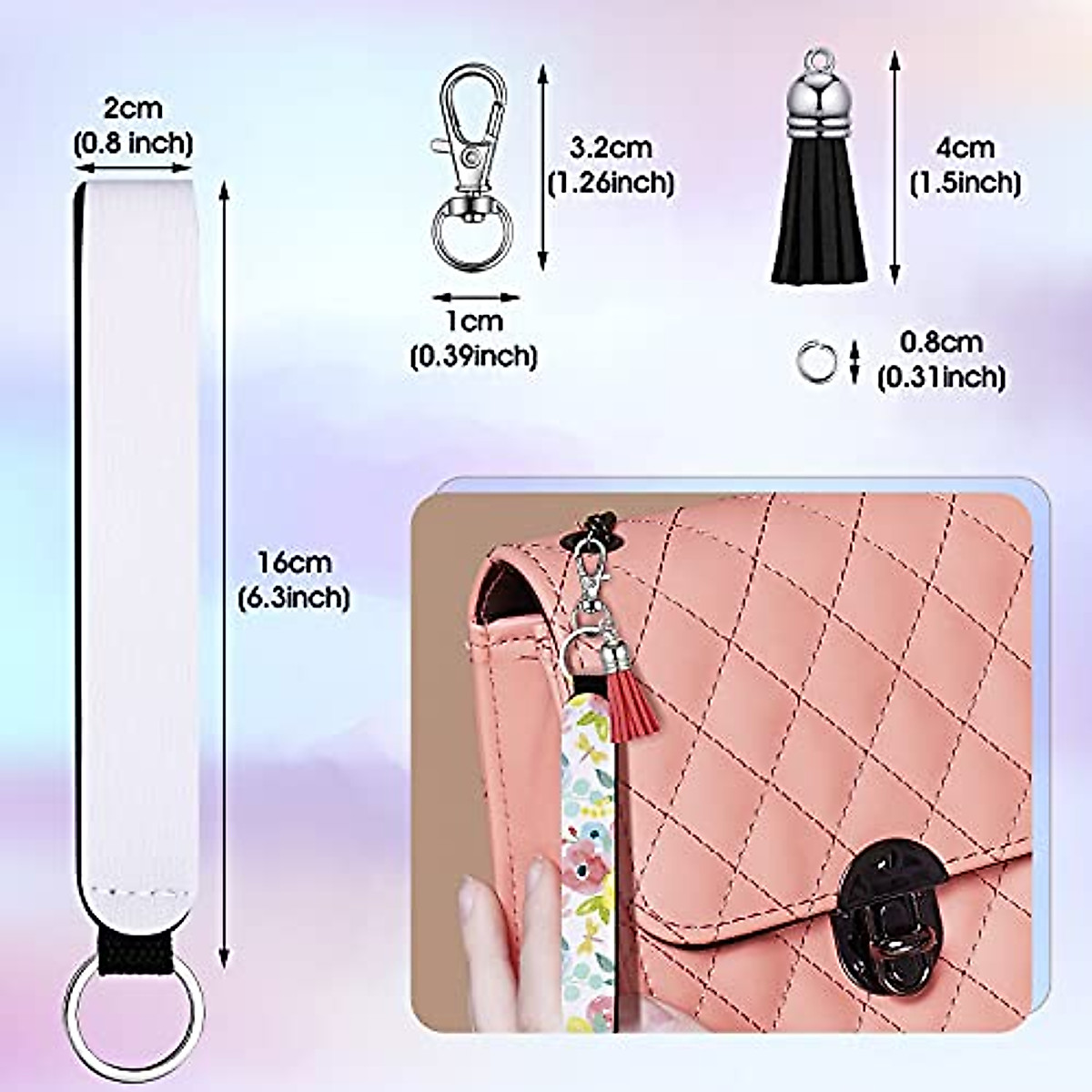 60 Pieces Sublimation Blanks Wristlet Set 15 Pieces Sublimation Blank Neoprene Wristlet, 15 Pieces Colorful Keychain Tassels 15 Pieces Swivel Snap Hooks and 15 Pieces Jump Rings for DIY Keychains