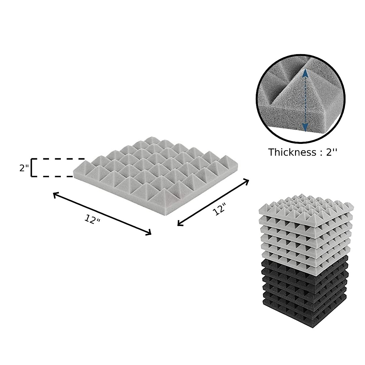 Acoustic Sound Foam Panels, 2" X 12" X 12" Soundproof Wall Panels For Bedroom Soundproofing Treatment Studio Wall Padding Sound Absorbing Pyramid Acoustic Treatment (24 PACK, Black+Grey)