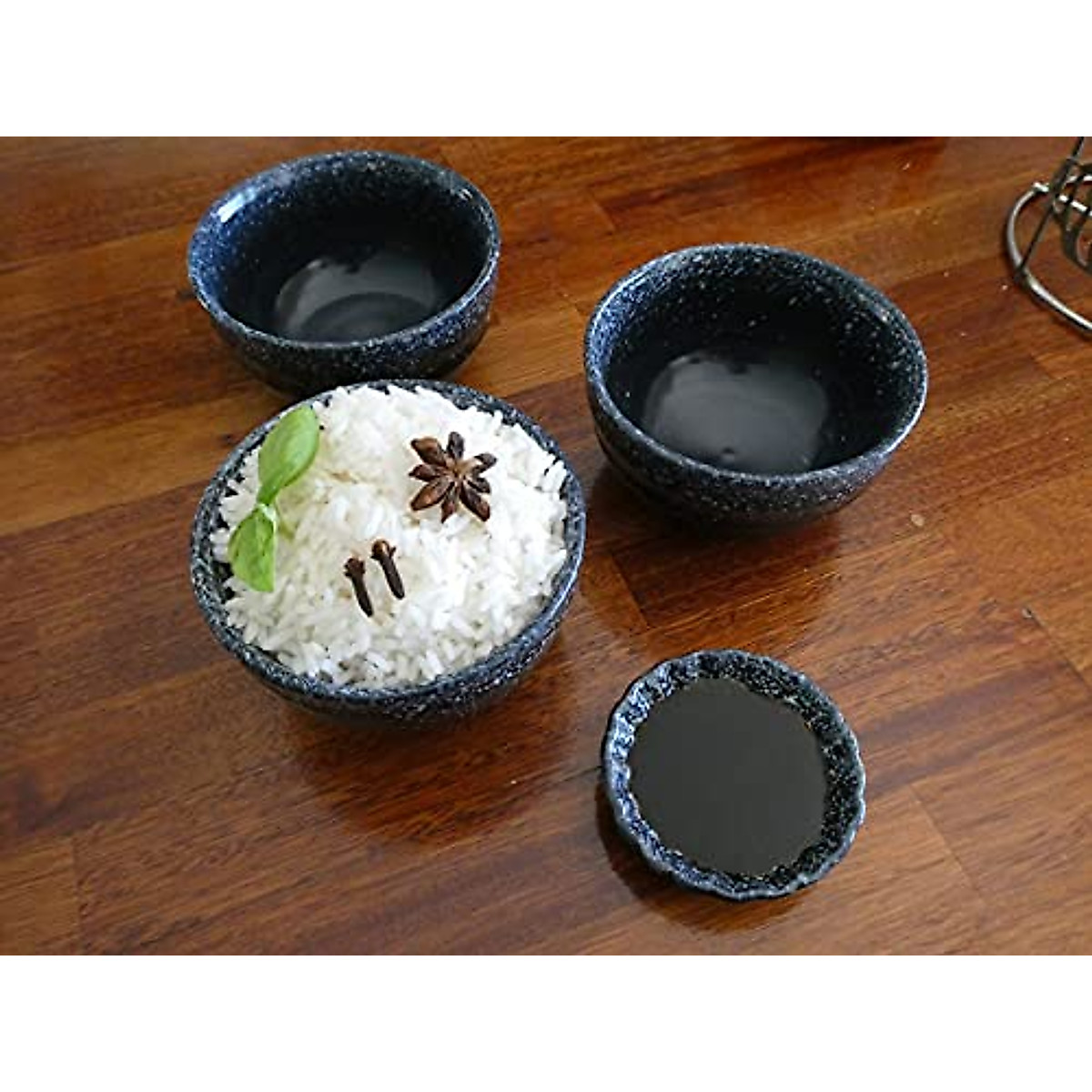 8 Pieces Japanese Fuji Blue Style. 4 Ceramic Miso & Rice Bowls Set Plus 4 Small Soy Sauce bowl Plates Included. 8 oz. Japan, Korean & Chinese. Portion Control Ramen Soup Capable. (Dark Blue, 4.1in x4)