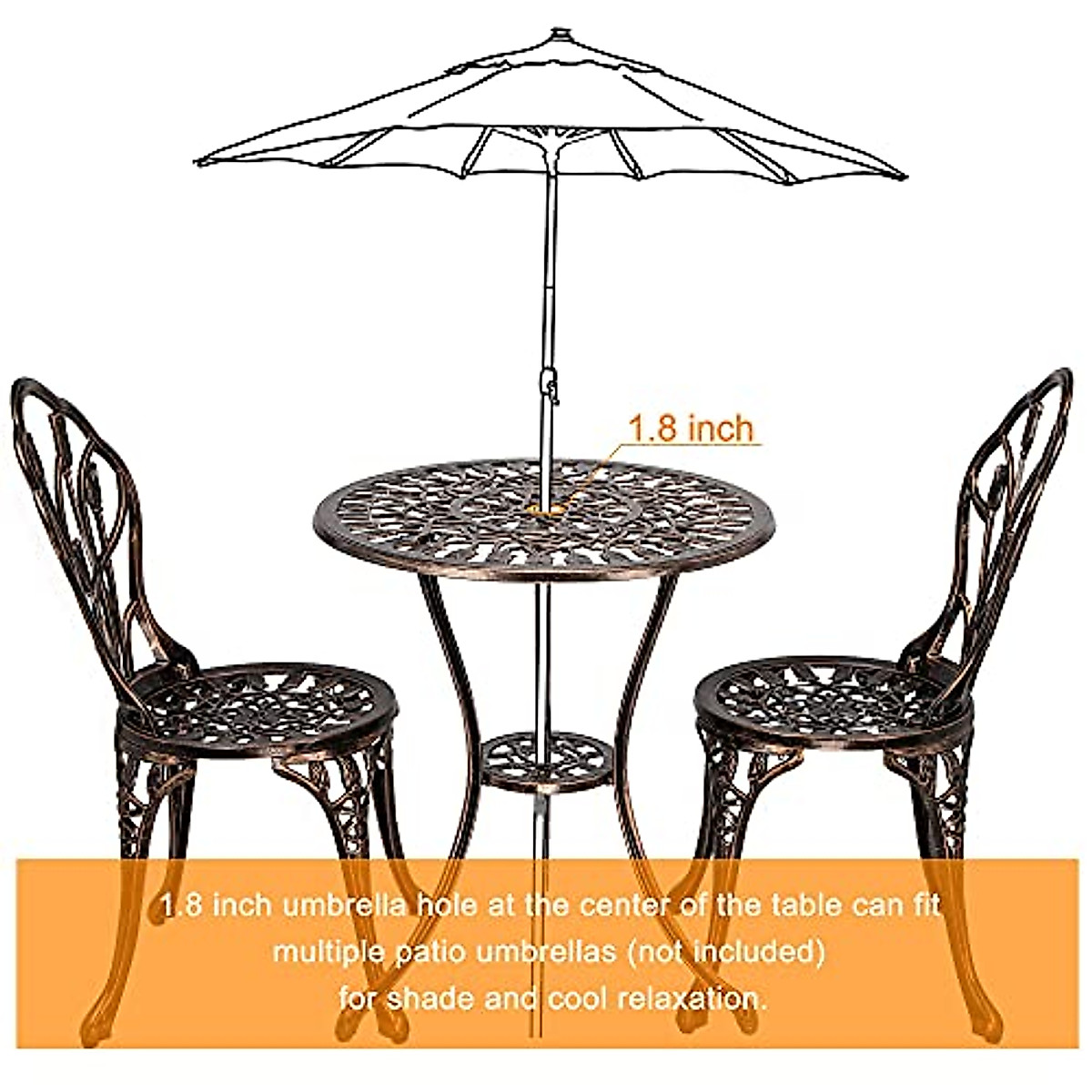 KINWELL Bronze 3-Piece Aluminum Round Outdoor Bistro Set with Umbrella Hole, Rust-Resistant Cast Aluminum Patio Set with Garden Table and Chairs