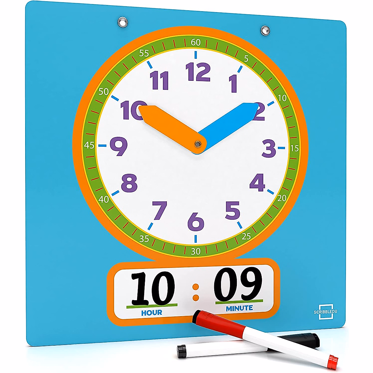 Scribbledo Writable Dry Erase Learning Clock for Kids Write & Wipe Demonstration Clock for Kids Learning to Tell Time Classrooms and Homeschool Supplies