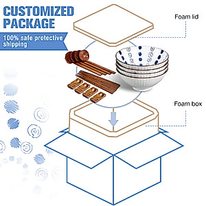 4 Sets Ceramic Japanese Ramen Bowls 40 Ounce Large Ceramic Noodle Serving Bowl with Spoons, Chopsticks and Chopstick Stands for Soup, Cereal, Rice, Udon, Asian Noodles, Blue and White (Stripe Style)