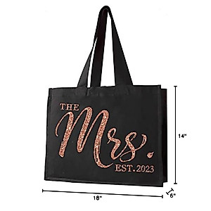 RhinestoneSash Rose Gold Bride Tote - The Mrs. Est. 2025 Rose Gold Glitter CHIC Cotton Canvas Tote Bag - Bridal Shower Gift - Black Tote(Chic 2025 RsG) Blk