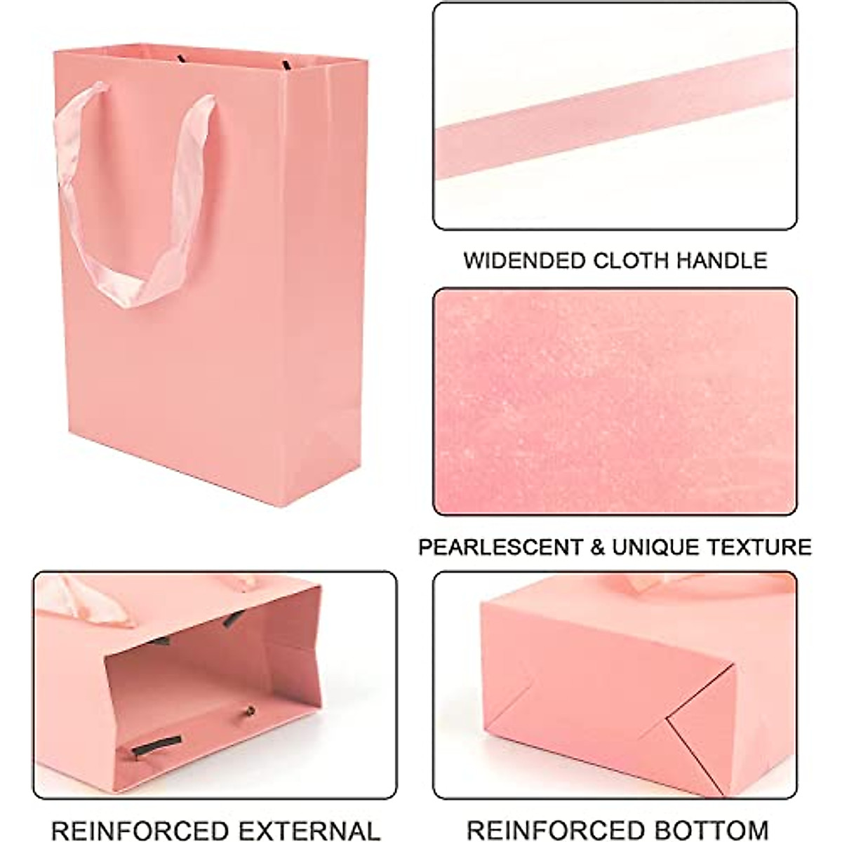 Dasofine Pink Gift Bags, 12pcs Pink Paper Bags, 7.4'' × 3.14'' × 10.15'' Pink Gift Bags with Handles, Gift Bags Bulk for Shopping, Party, Wedding