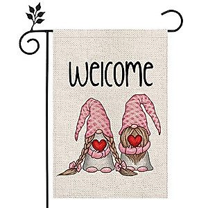 CROWNED BEAUTY Valentines Day Garden Flag 12×18 Inch Vertical Double Sided Valentine Gnome Welcome Flag for Outside Yard Anniversary Wedding Farmhouse Décor CF015-12