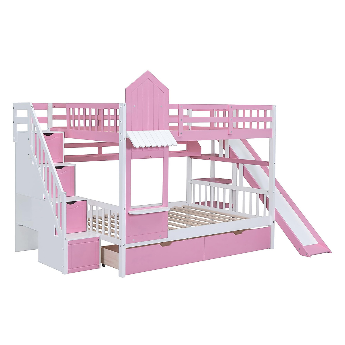 Kids Bunk Bed with Stairs and Slide, Wood Full Over Full Bunk Bed with Storage Drawers and Shelves, Castle Style Bunk Beds for Kids Teens Girls Boys, Pink